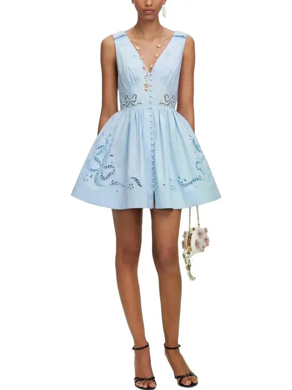 SELF-PORTRAIT Broderie Anglaise V-neck Mini Dress - Blue