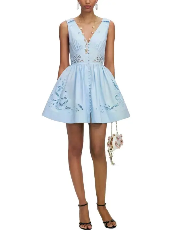 SELF-PORTRAIT Broderie Anglaise V-neck Mini Dress - Blue