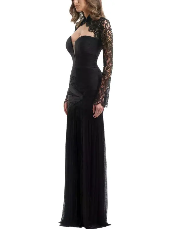 IMROSKA Floral Lace Panelled Ruched Maxi Dress - Black