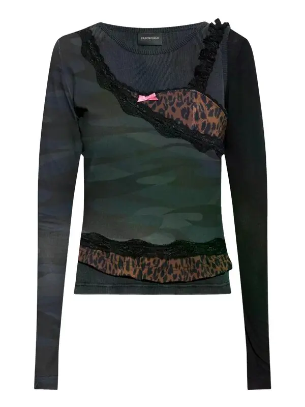 Balenciaga Panelled Camouflage Lace Trim Top - Grey