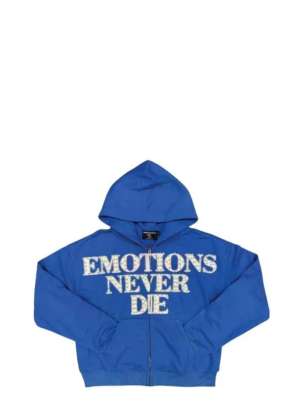 Mixed Emotion Rhinestone Embellished Zip-up Hoodie - Blue