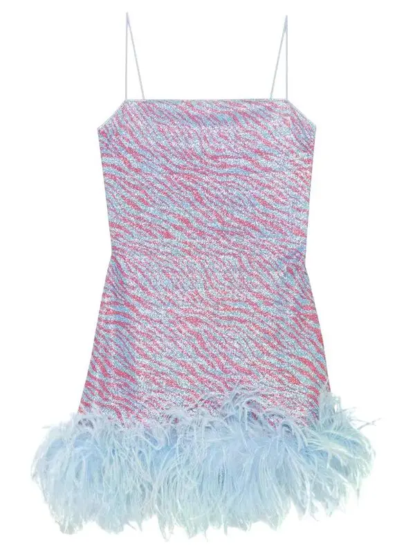 Oseree Animal-print Feather-trim Mini Dress - Blue