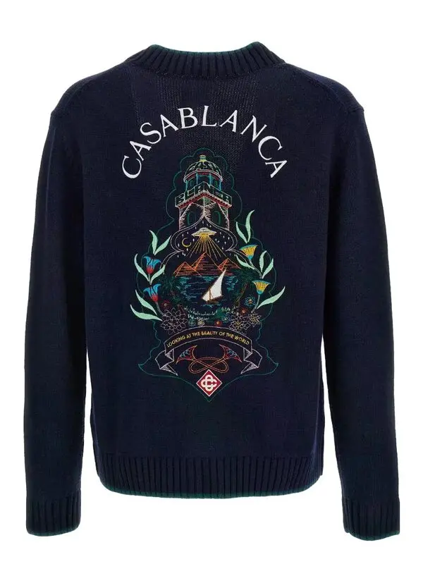Casablanca Hotel Emblem Intarsia Knit Cardigan - Blue