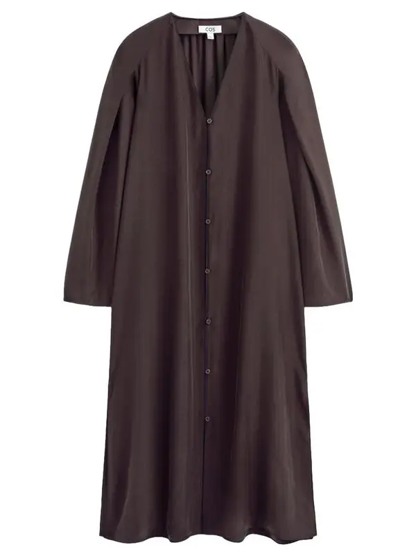 Cos Gathered Silk Midi Dress - Brown
