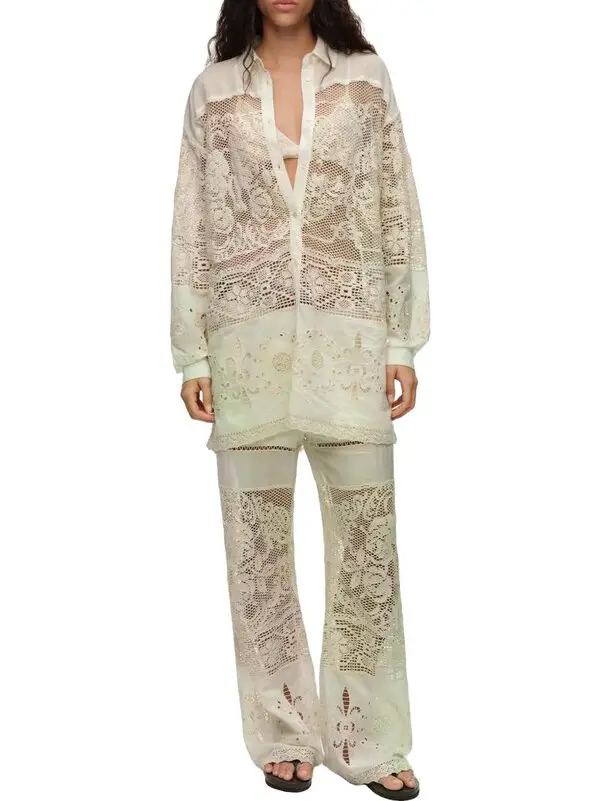 Bimba Y Lola Ecru Lace Embroidered Flared Trousers - Neutrals