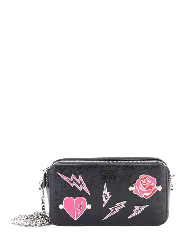 Prada Saffiano Leather Wallet On Chain Crossbody Bag With Embellishments - Black