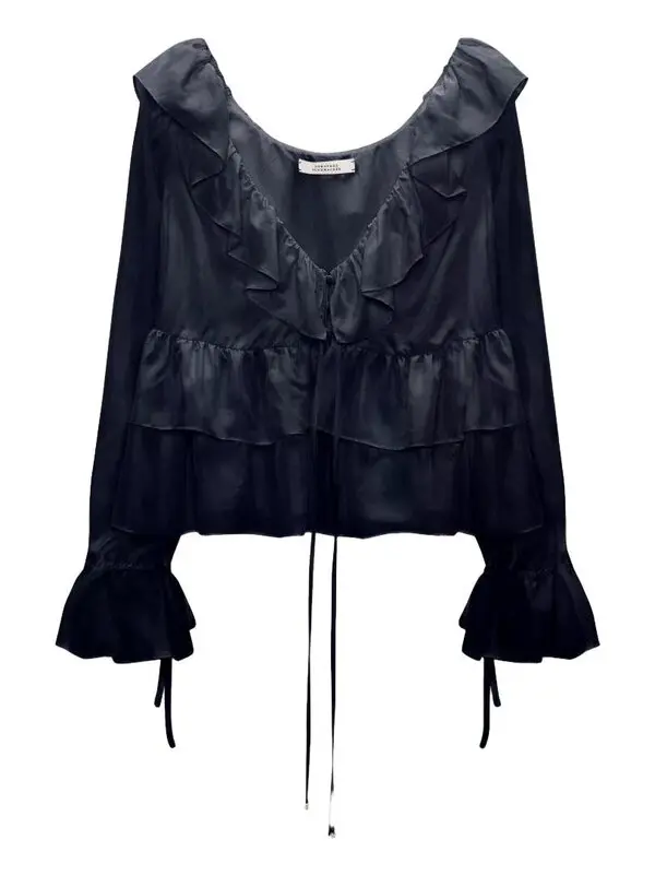 Dorothee Schumacher Black Satin Ruffled Tiered Blouse - Blue