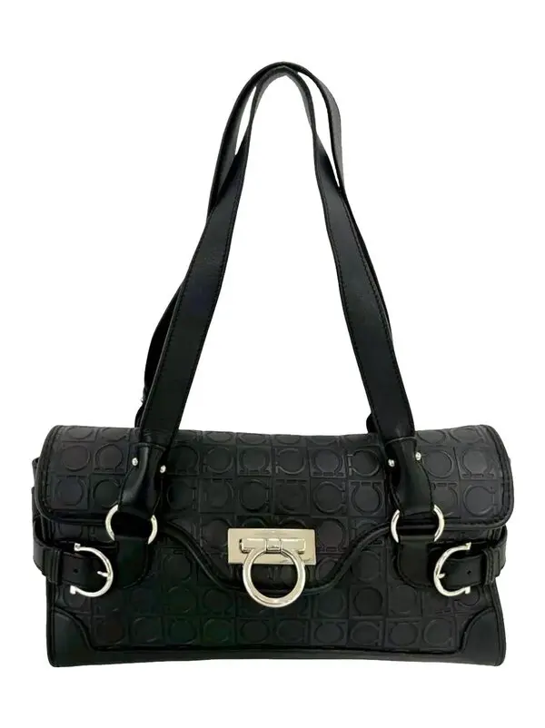 FERRAGAMO Gancini Embossed Leather Shoulder Bag - Black