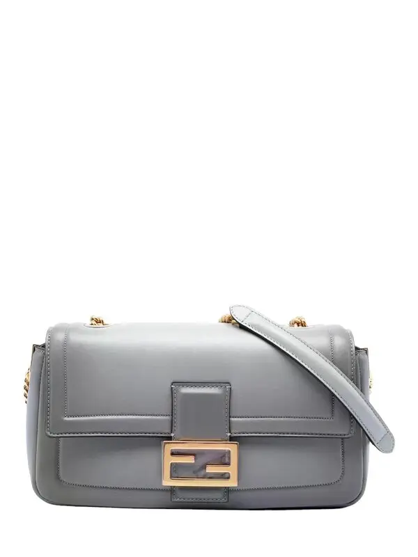 Fendi Leather Baguette Chain Midi Shoulder Bag - Grey