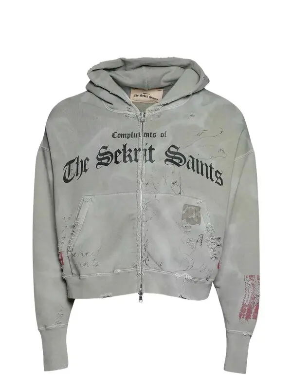 SEKRIT Distressed Zip-up Hoodie - Grey