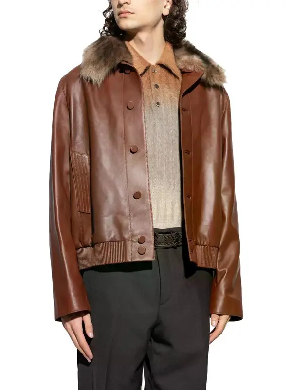 Fendi Faux-fur Collar Leather Jacket - Brown