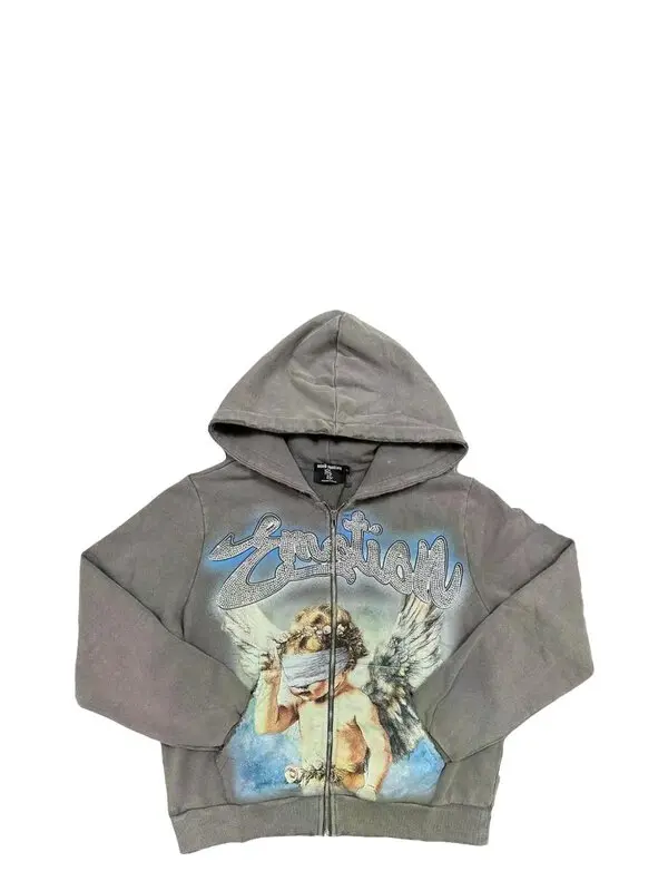 Mixed Emotion Rhinestone Graphic Zip-up Hoodie - Grey