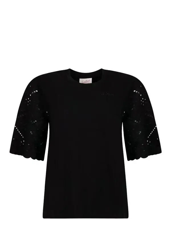 MC2 SAINT BARTH Maise T-shirt With Broderie Anglaise Sleeves - Black