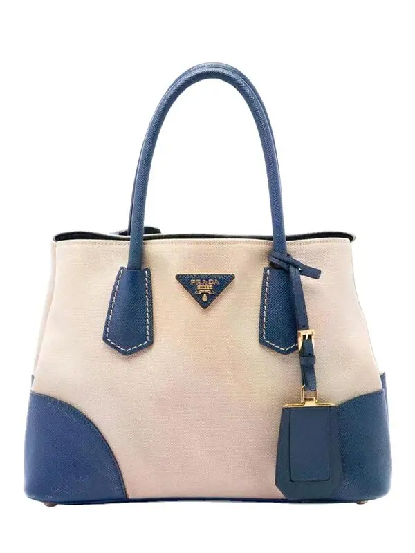 Prada Saffiano Cuir Trimmed Canvas Double Satchel - Blue