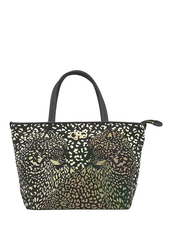 FERRAGAMO Double Gancini Leopard Print Nylon Tote Bag - Black