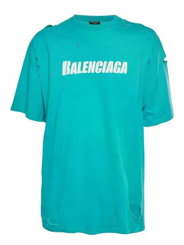 Balenciaga Distressed Logo Print T-shirt - Blue