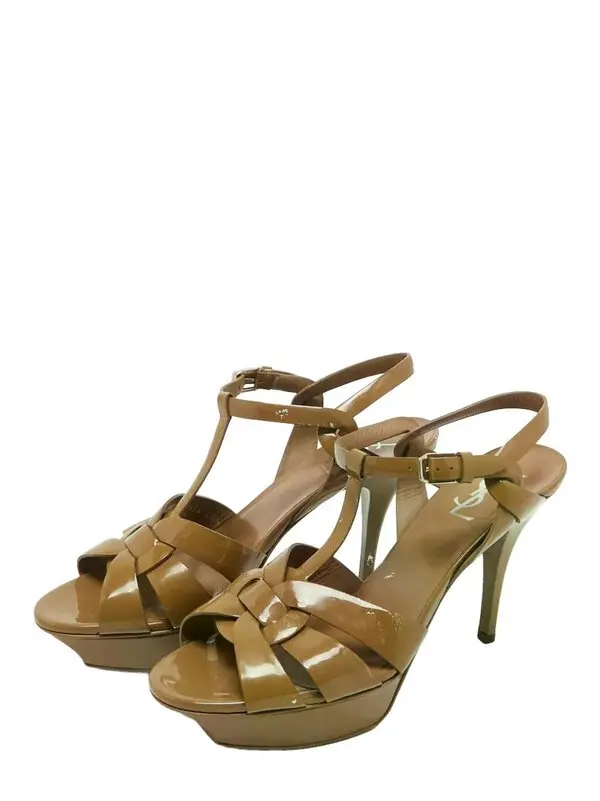 Saint Laurent Tribute Patent Leather Platform Sandals - Neutrals