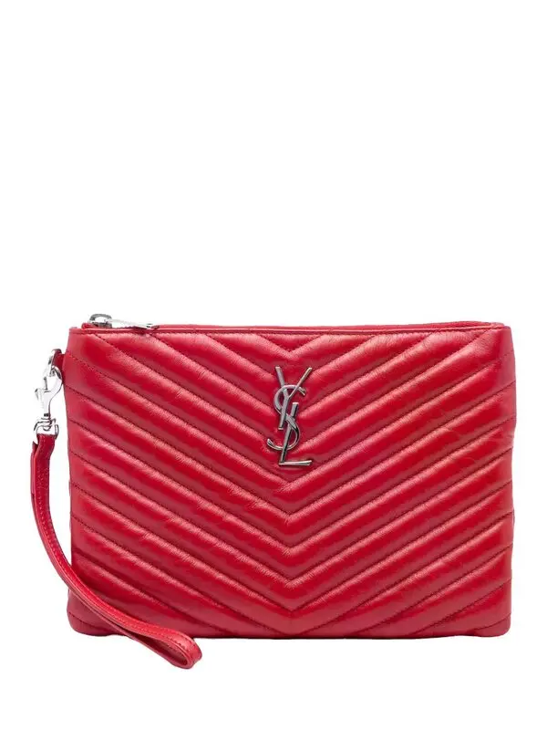 Saint Laurent Chevron Leather Monogram Zip Wristlet Pouch Clutch Bag - Red