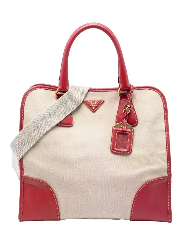 Prada Saffiano Trimmed Canapa Logo Satchel - Neutrals