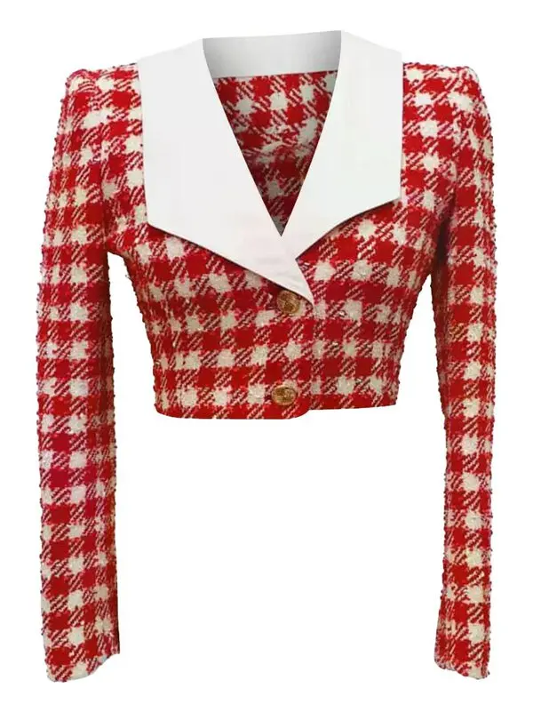 Alessandra Rich Checked Tweed Cropped Jacket - Red