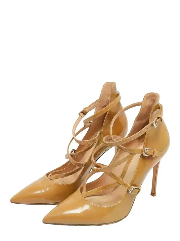 GIANVITO ROSSI Beige Patent Leather Crisscross Ankle Strap Stiletto Pumps - Neutrals