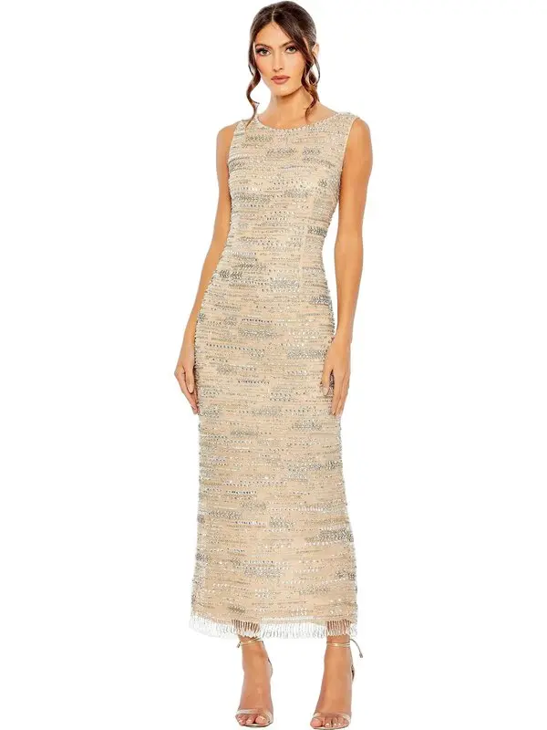 Mac Duggal Sleeveless Embellished Dress With Fringe Hem - Neutral
