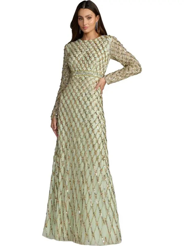 Mac Duggal Embellished High Neck Long Sleeve Gown - Sage