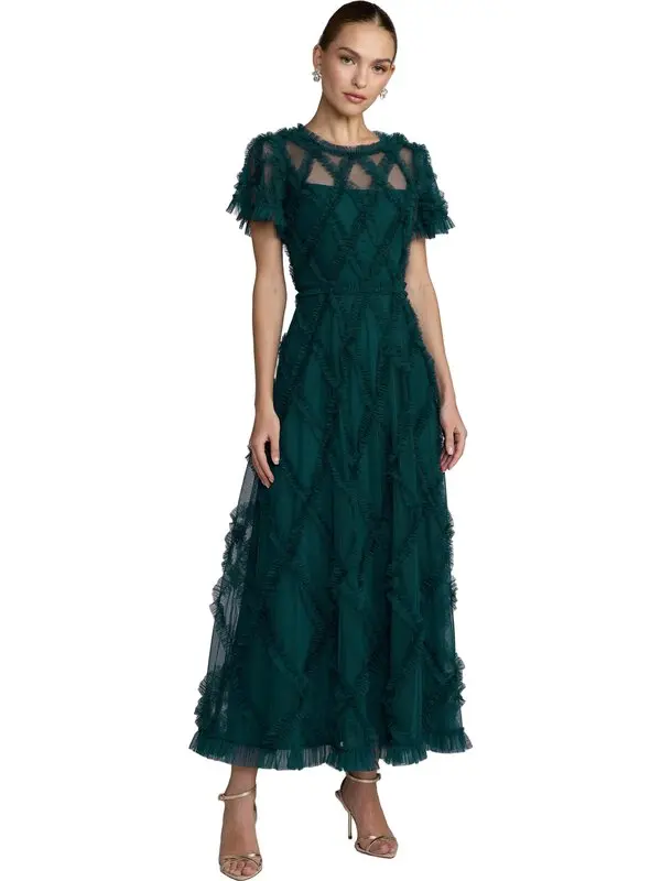 Mac Duggal Short Sleeve Ruffled High Neck Gown - Teal