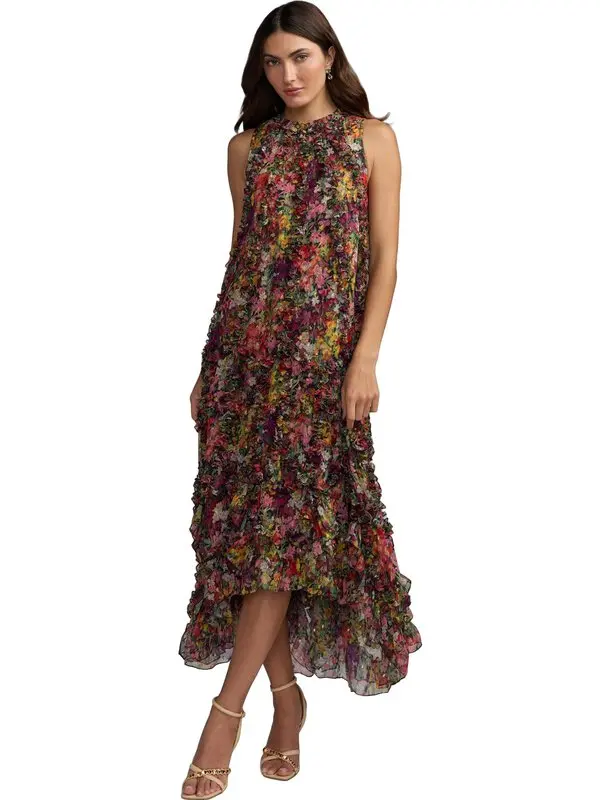 Mac Duggal Sleeveless Floral Micro Ruffle Trapeze Midi Dress - Multicolor