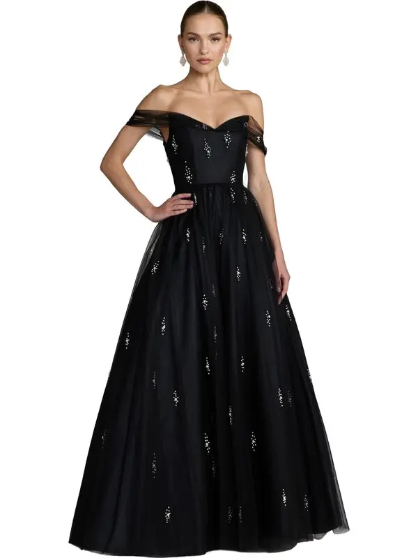 Mac Duggal Pearl Embellished Off-the-shoulder Ball Gown - Black