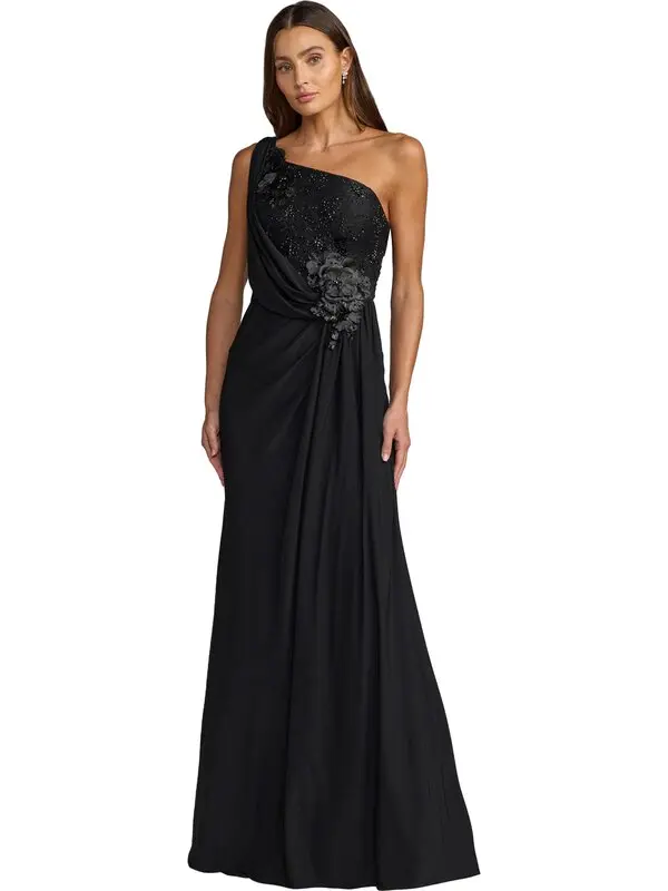 Mac Duggal One Shoulder Draped Jersey Gown With 3d Flowers - Black