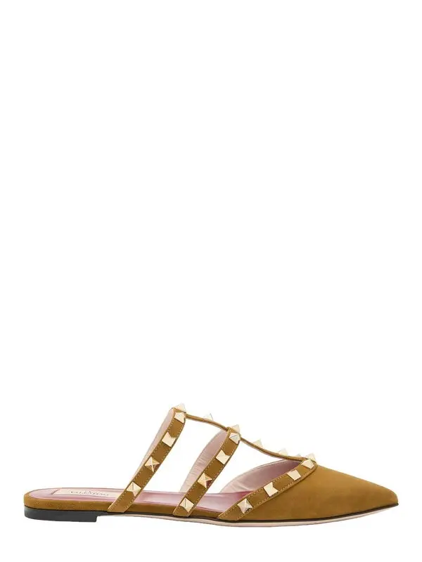 Valentino Garavani Rockstud Suede Pointed Toe Mules - Camel