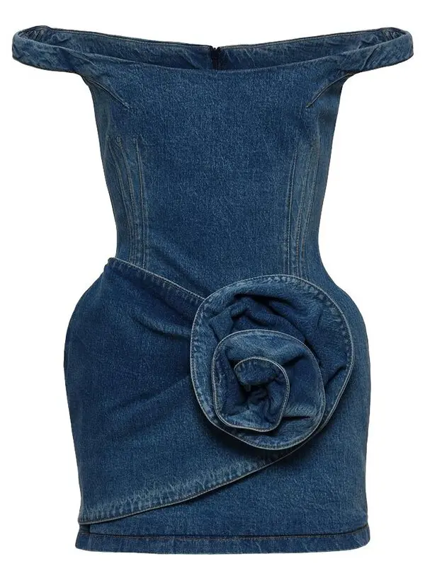 Magda Butrym Off The Shoulder Sculpted Flower Denim Mini Dress - Blue
