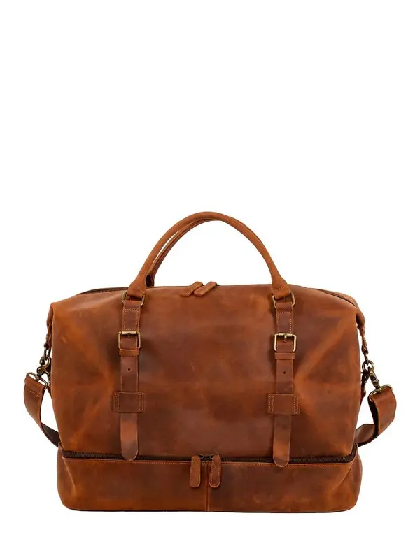 TOURI Genuine Leather Holdall Weekender With Extra Compartment - Brown