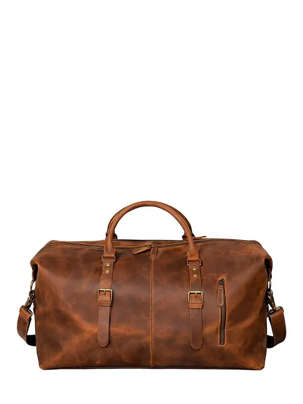 TOURI Genuine Leather Holdall Bag With Zip Detail - Brown