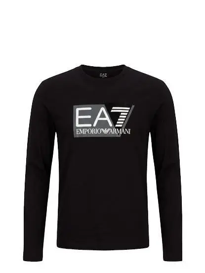EA7 Long Sleeve Cotton Elastane T-shirt With Logo Print - Black