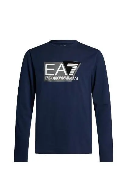 EA7 Long Sleeve Cotton Elastane T-shirt With Logo Print - Navy