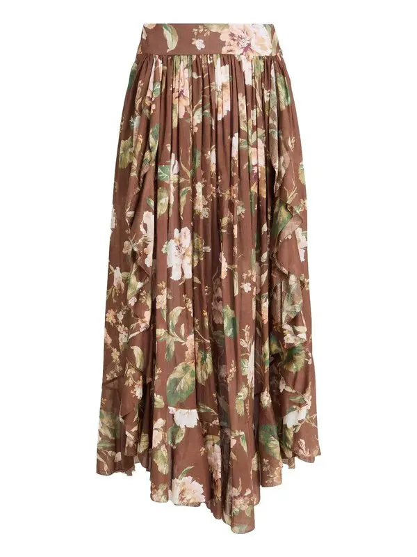 Zimmermann Ruffled Floral-print Cotton Midi Skirt - Brown