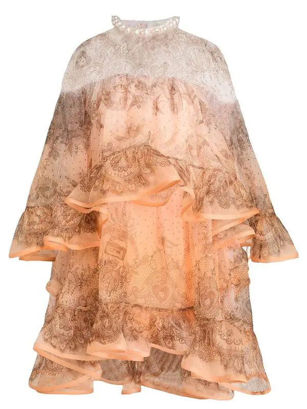 Zimmermann Faux Pearl Embellished Ruffled Paisley-print Silk Chiffon Mini Dress - Peach
