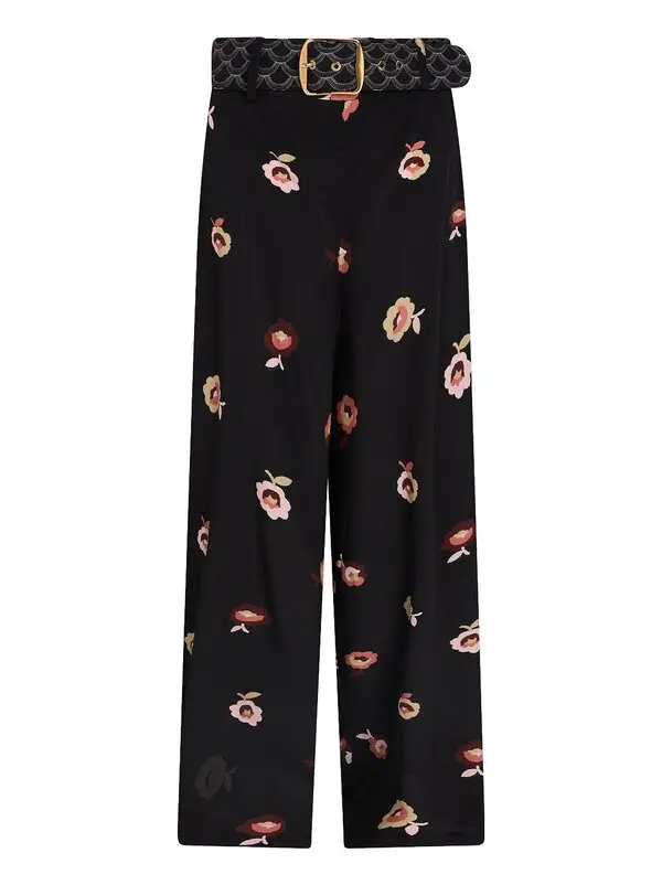 Zimmermann Belted Floral-print Wide-leg Pants - Black