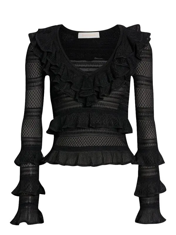 Zimmermann Ruffled Crochet-knit Top - Black