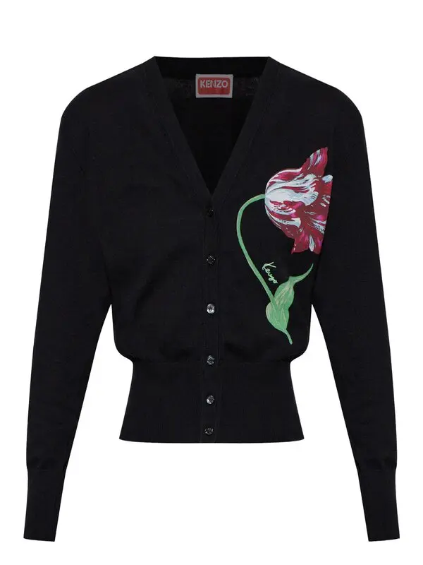 Kenzo Floral Motif V-neck Cardigan - Black