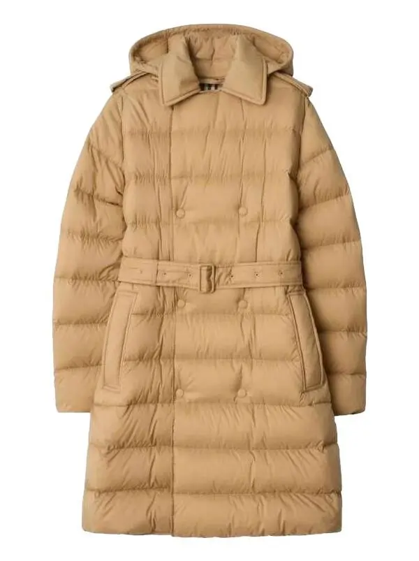 Burberry Double Breasted Belted Hooded Puffer Coat - Beige