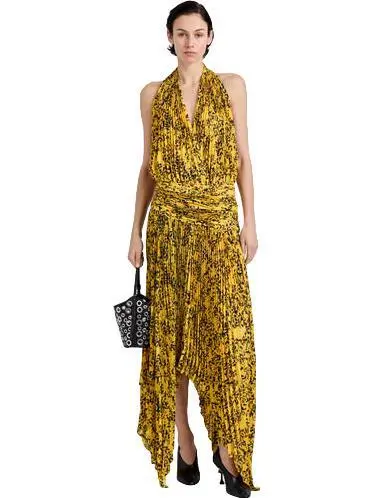 Proenza Schouler Paulina Pleated Georgette Halter Dress - Gold Multi