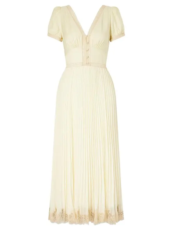 SELF-PORTRAIT Lace-trimmed Pleated Crepe Midi Dress - Yellow