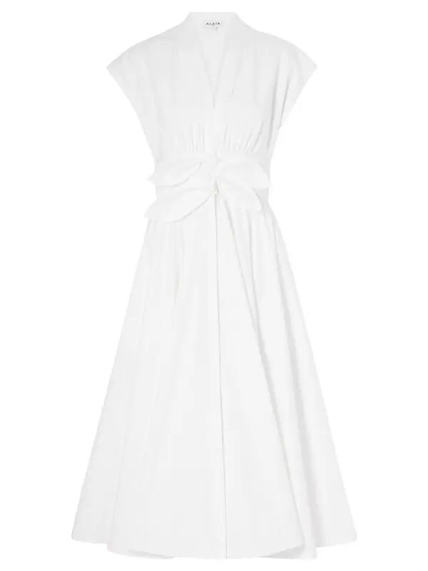 Alaïa Belted Knot-detailed Cotton-poplin Midi Dress - White