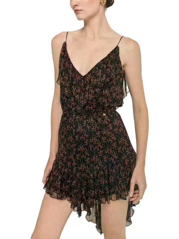 NISSA Printed Asymmetric Silk Mini Dress - Black