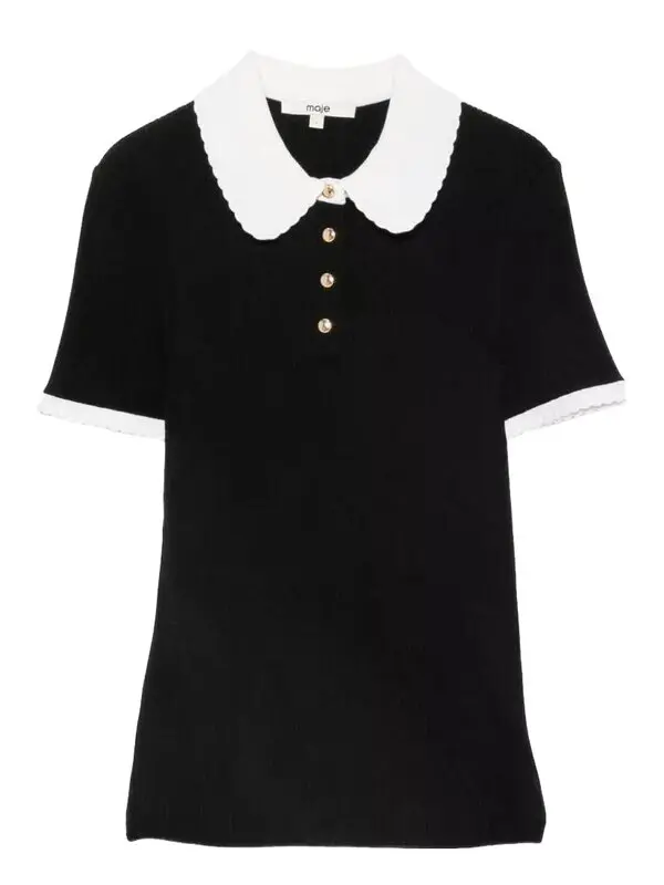 Maje Ribbed Polo Top With Contrast Collar - Black