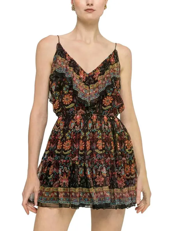 NISSA Floral Print Silk Mini Dress - Black