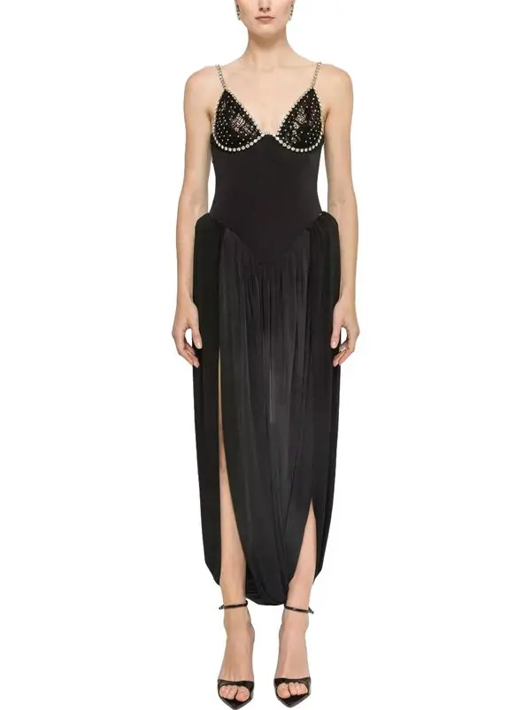 NISSA Exaggerated Hip Midi Dress With Embellished Lace Bust - Black